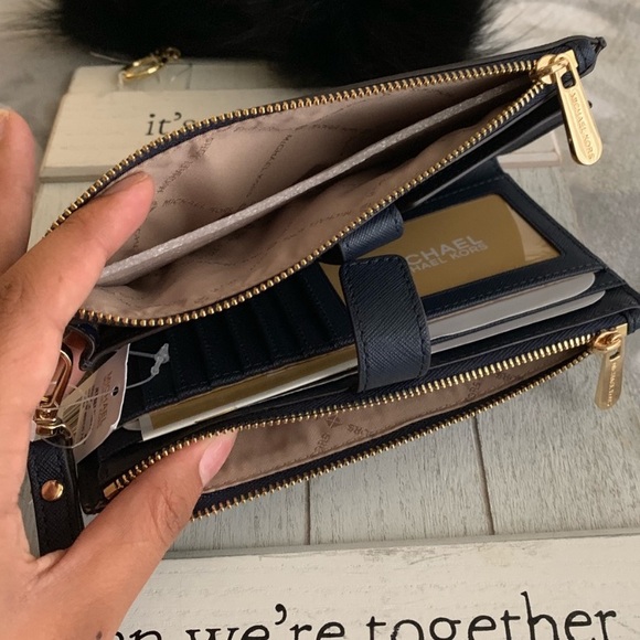 Michael Kors | Bags | New Mk Double Zipper Wallet Navy Blue Gold | Poshmark